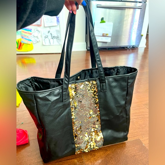 Bags | Large Glam Black Sequin Gold Silver Tote Bag | Poshmark